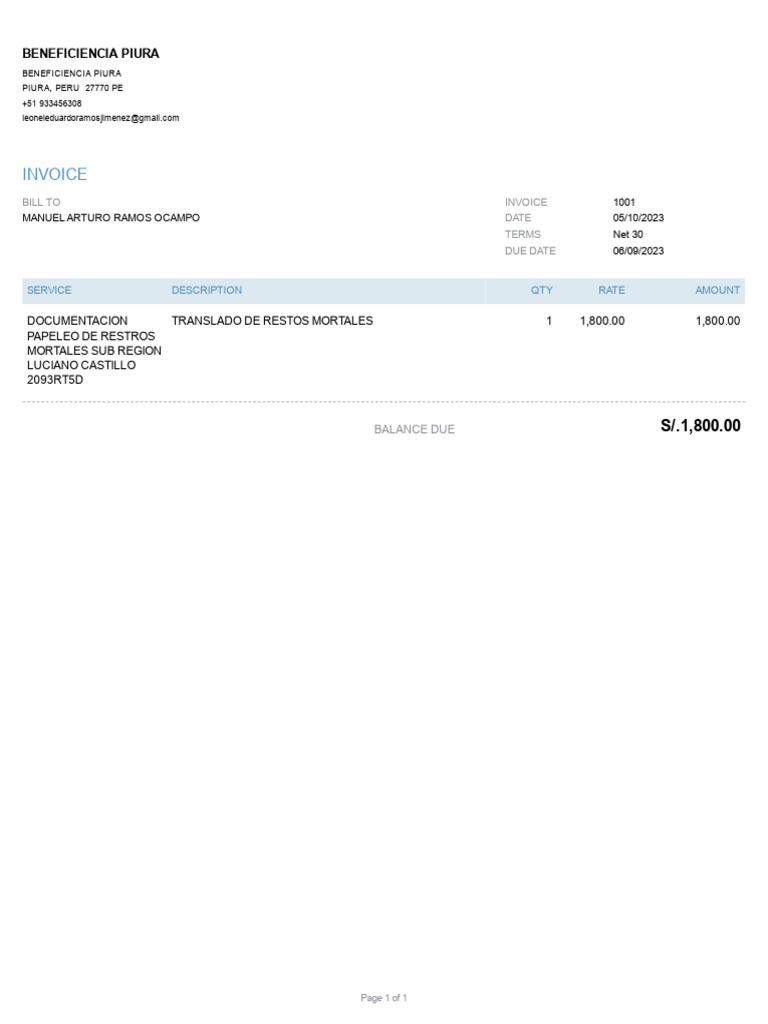 Invoice 1001 From Beneficiencia Piura Pdf