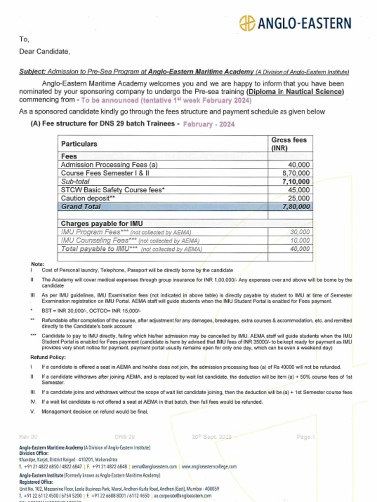 DNS 29 Fees Structure | PDF
