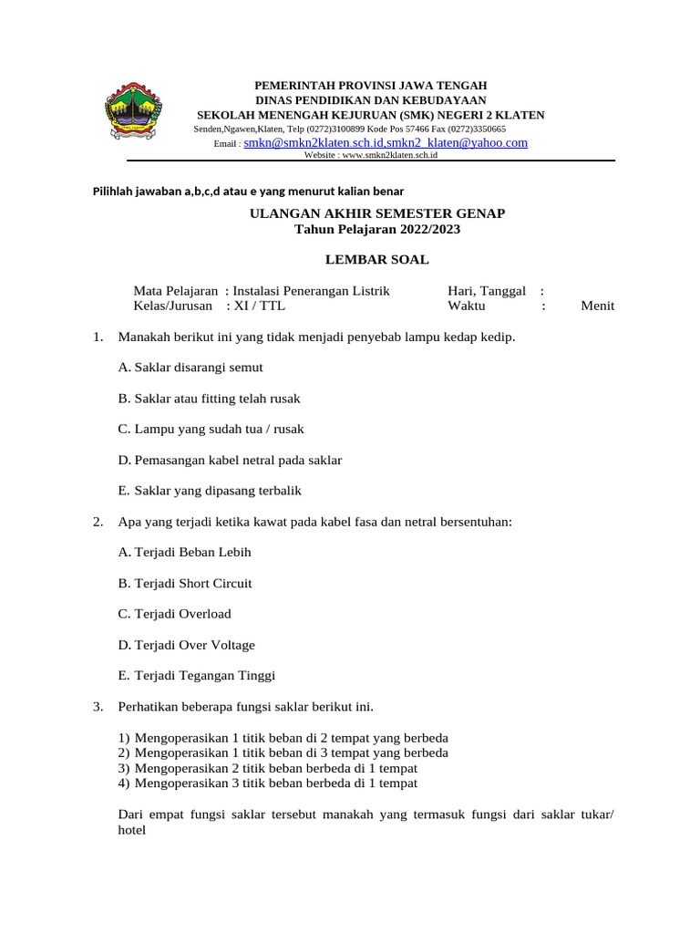 Soal Instalasi Penerangan Listrik (Ipl) Kelas Xi TTL | PDF
