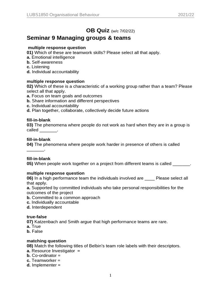 OB Quiz Managing groups & teams (2021-22) | PDF | Decision Making | Consensus Decision Making