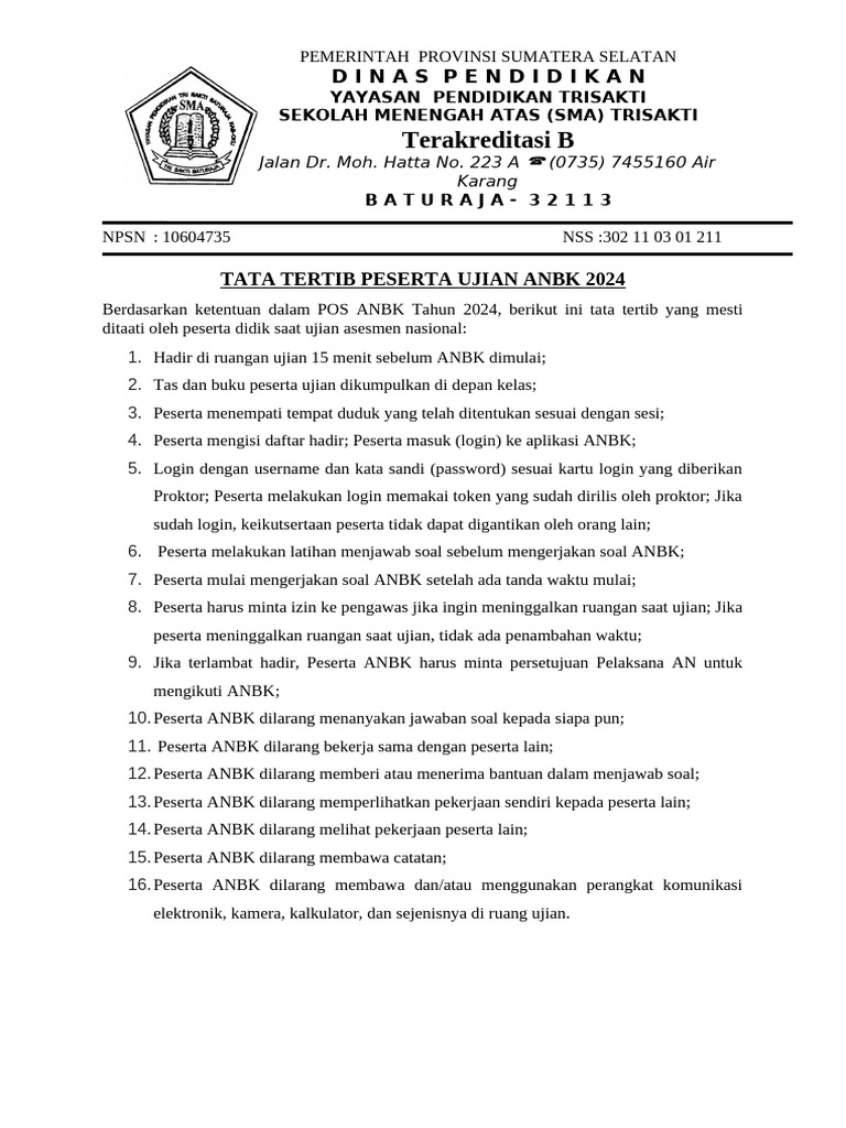 Tata Tertib ANBK 2024 untuk Peserta | PDF