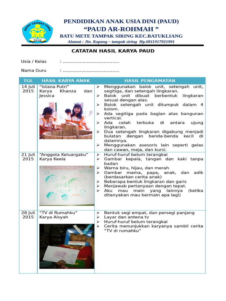 Contoh Catatan Hasil Karya Paud | PDF