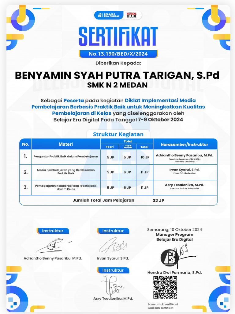 Sertifikat - BENYAMIN SYAH PUTRA TARIGAN, S.PD 22 | PDF