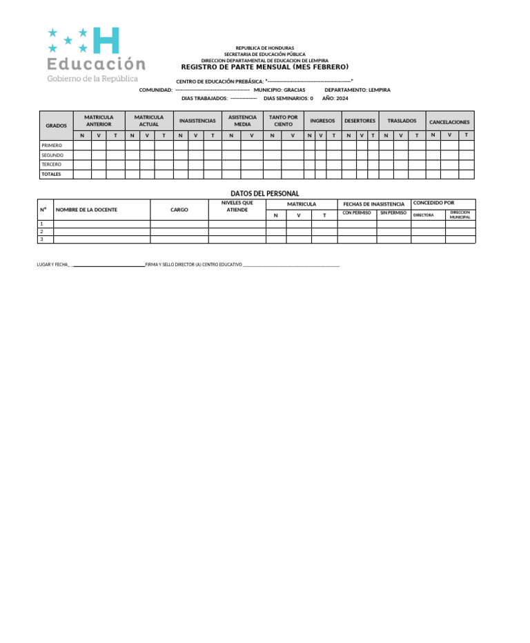 Formato Parte Mensual Prebasica | PDF