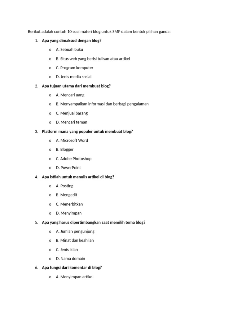Berikut Adalah Contoh 10 Soal Materi Blog Untuk SMP Dalam Bentuk ...