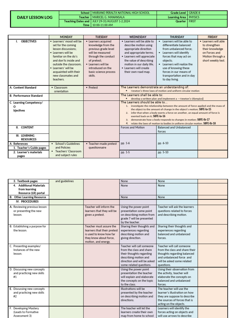 Grade 8 Physics Lesson Plan: Forces | PDF | Force | Mass