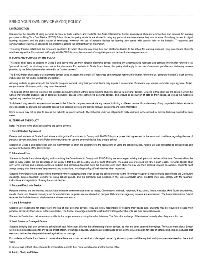 Bring Your Own Device (Byod) Policy Asian International School | PDF ...