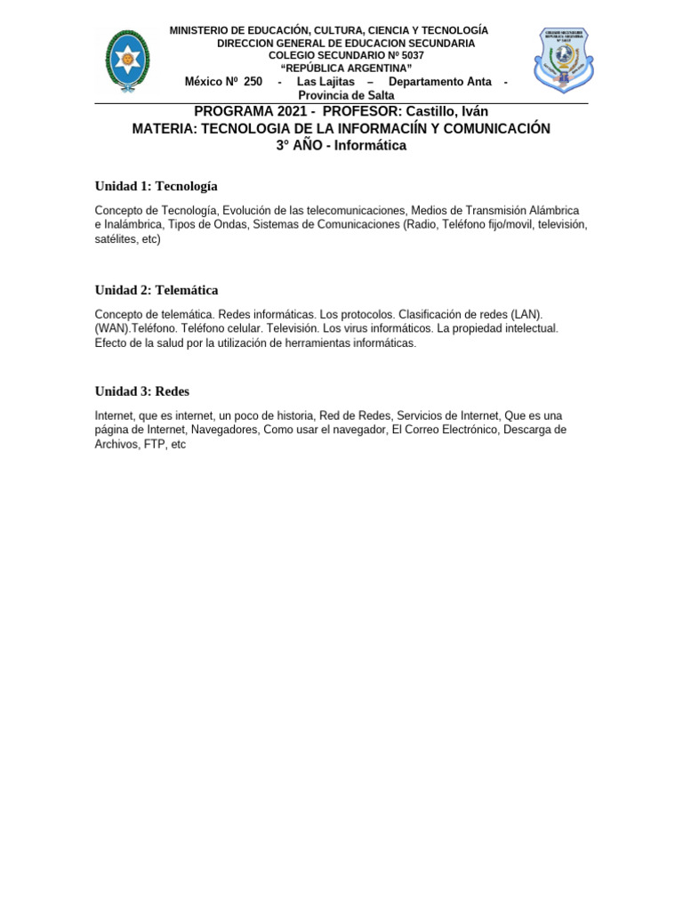 Programa Tecnologia de La Información y Comunicacion 3ro Informatica TM2021 | PDF