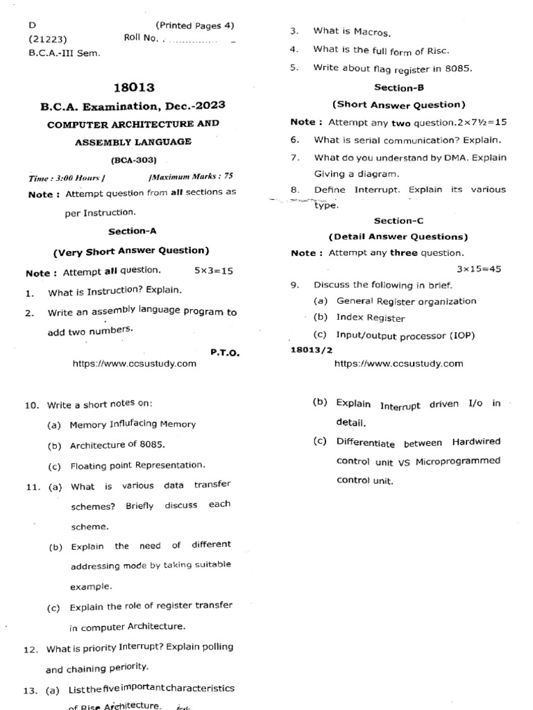 Bca 3 Sem Computer Architecture and Assembly Language 18013 Dec 2023 | PDF
