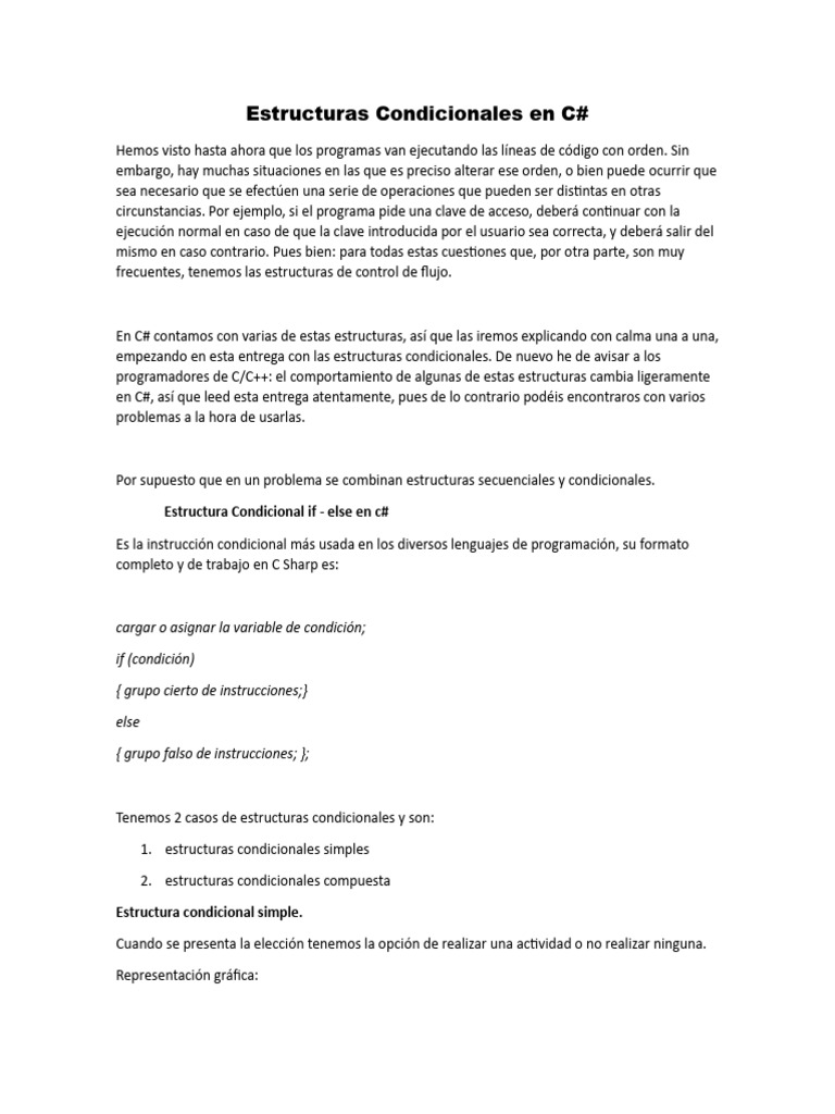 Estructuras Condicionales en C Sharp | PDF | C Sharp (lenguaje de programación) | Lenguaje de ...