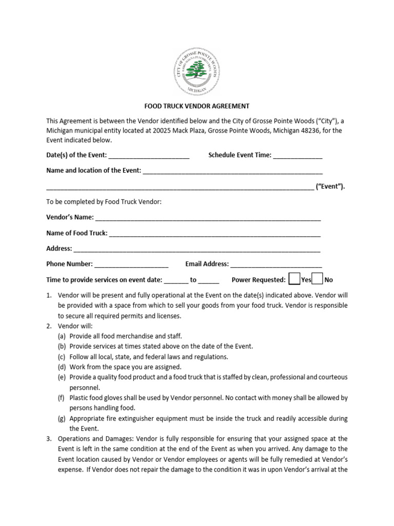 Food Truck Vendor Agreement Template | PDF | Insurance | Indemnity