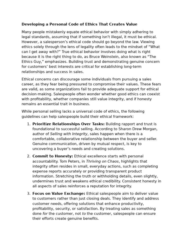 Developing A Personal Code of Ethics That Creates Value | PDF | Sales ...