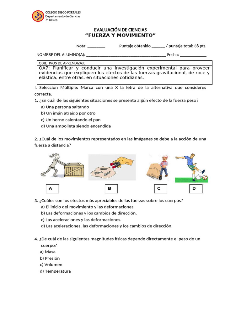 PRUEBA FUERZA 7basico. | PDF | Fuerza | Vector Euclidiano