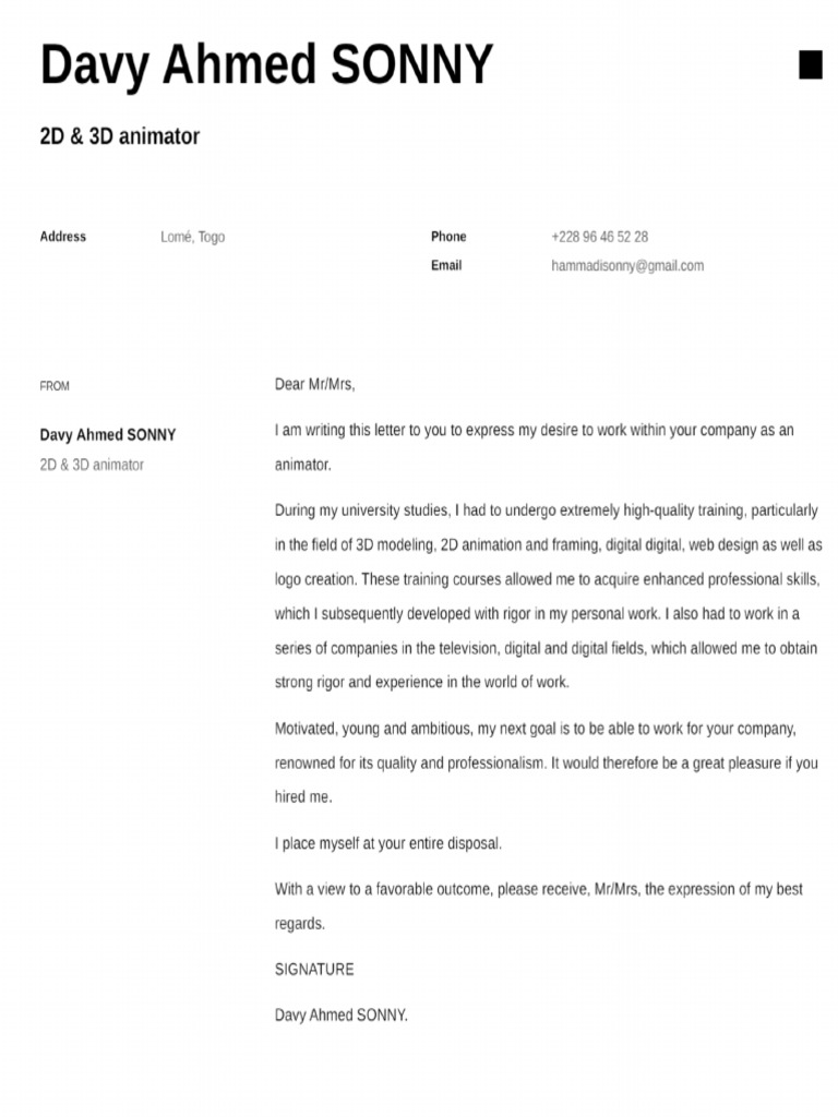 Cover Letter - Framestore Animation | PDF