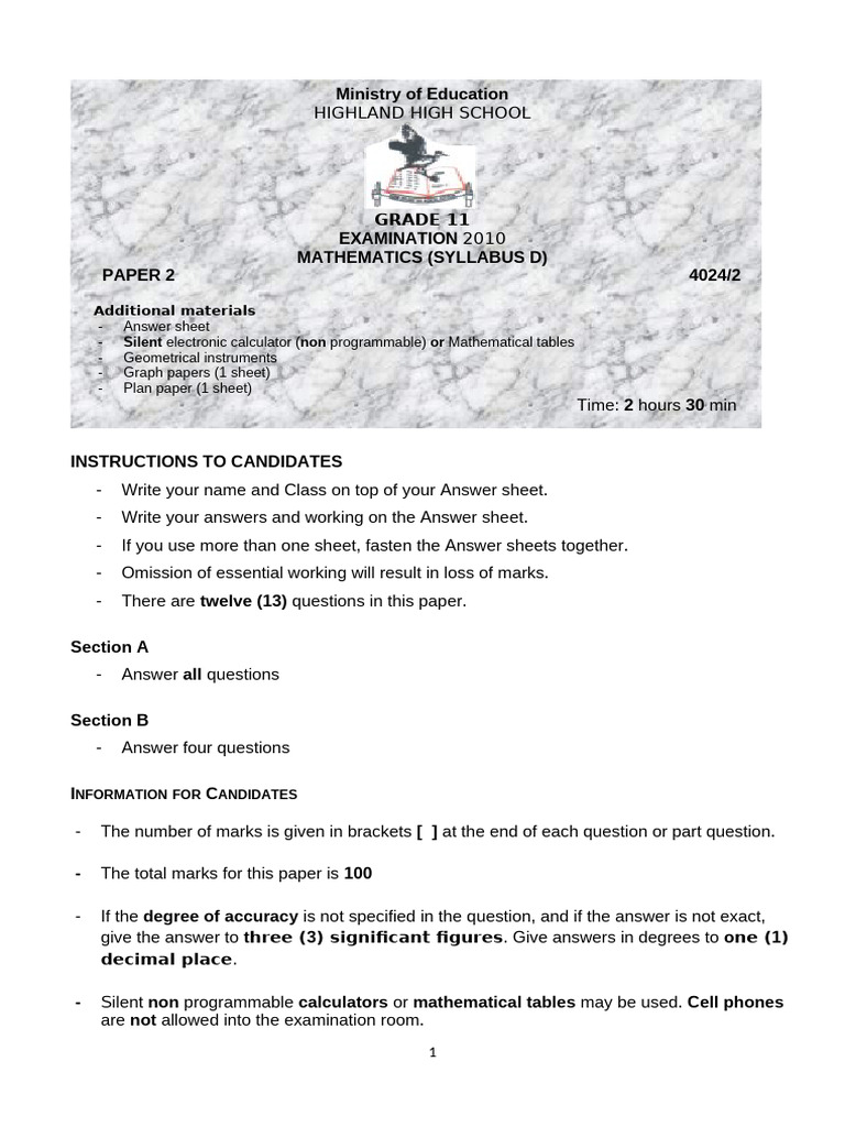 2010 - Term 3 Grade 11 Maths Exam | PDF | Cartesian Coordinate System ...