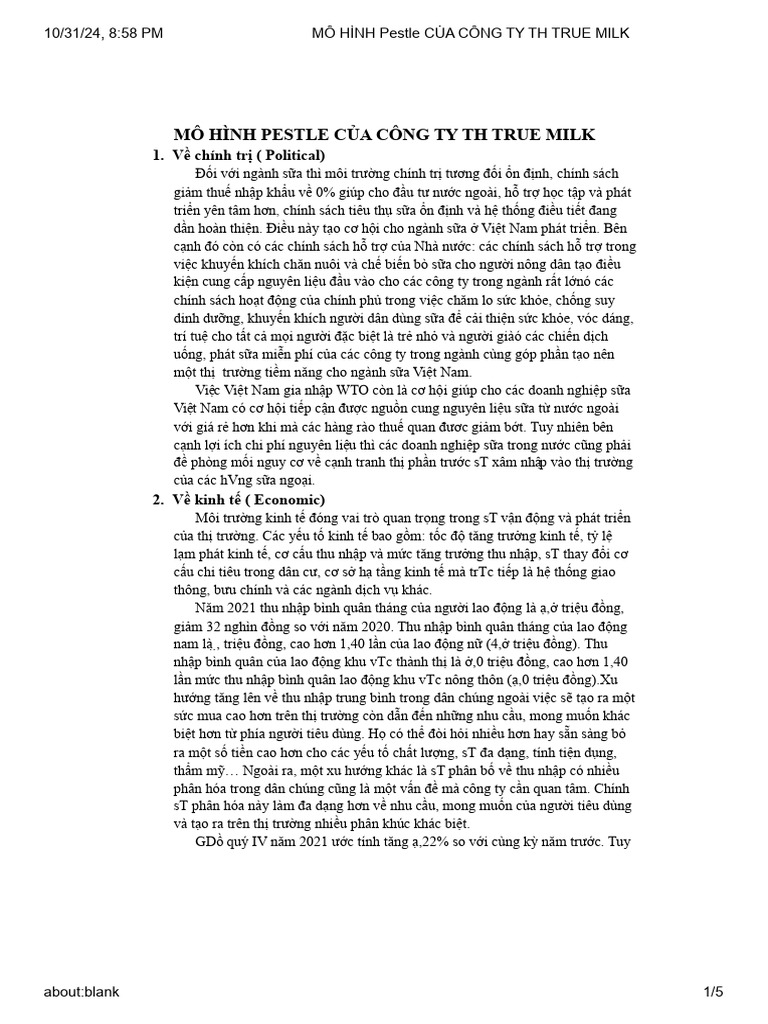 Mô Hình Pestle C A Công Ty TH True Milk | PDF