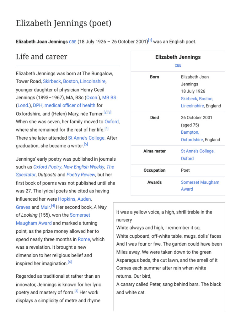 Elizabeth Jennings (Poet) - Wikipedia | PDF | Poetry