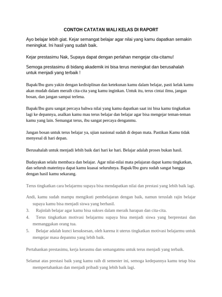 Contoh Catatan Wali Kelas | PDF