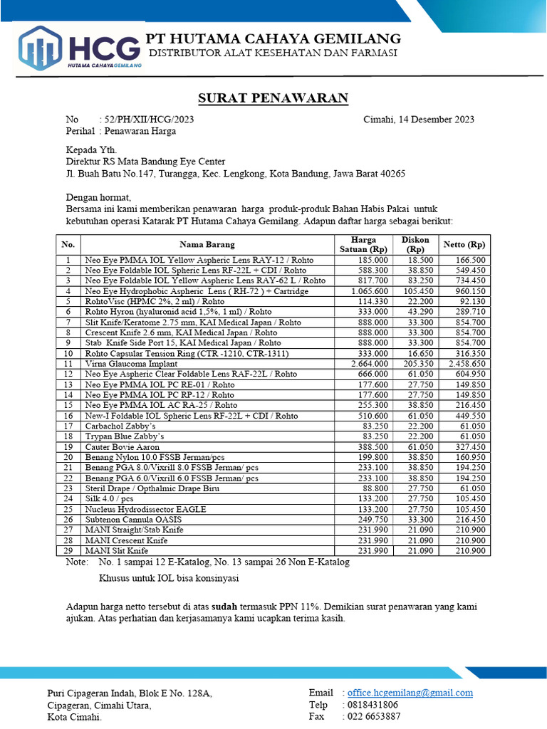 Penawaran Harga No. 52 Bandung Eye Center (Rev) - 14 Des 2023 | PDF