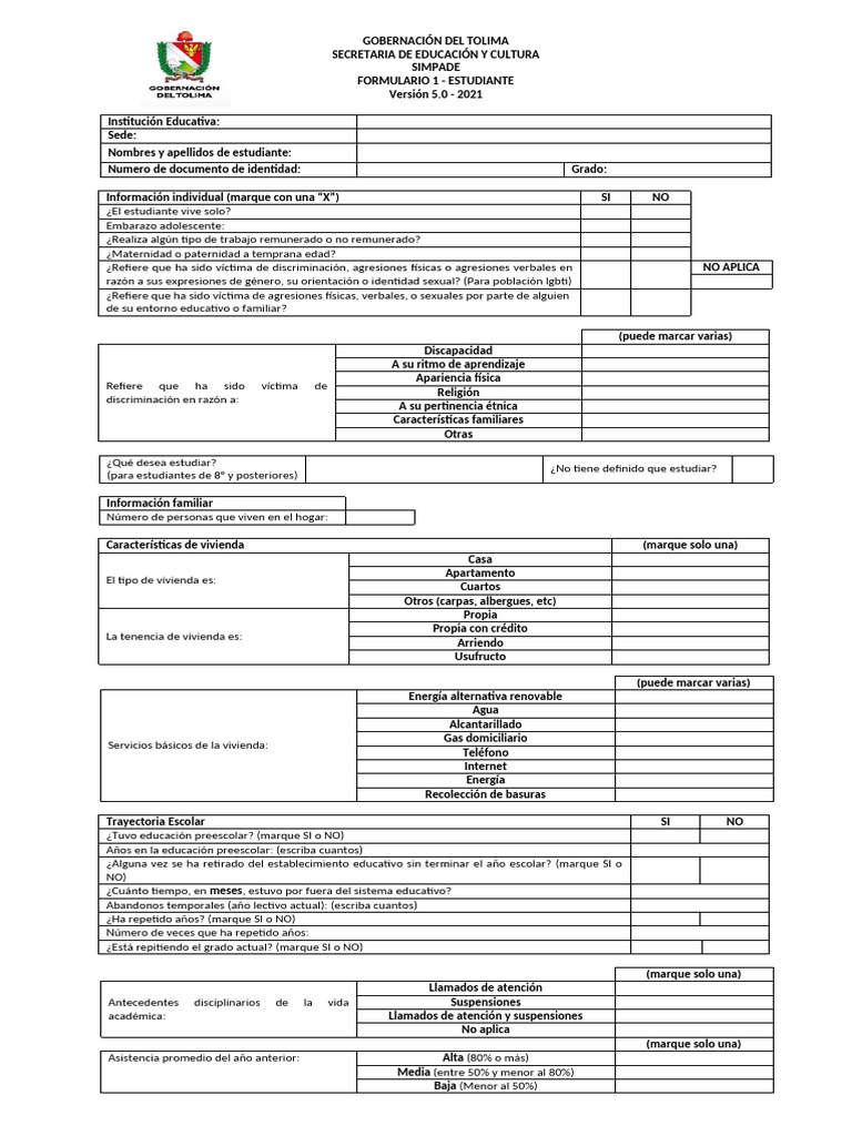 Simpade Formato 1 - Estudiante V5.0 2021 | PDF | Educación de la ...