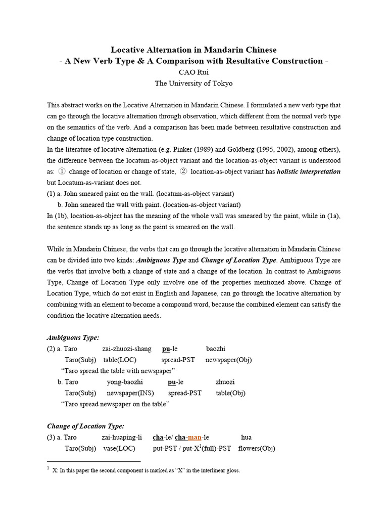 Cao Rui, Locative Alternation in Mandarin Chinese - A New Verb Type & A ...