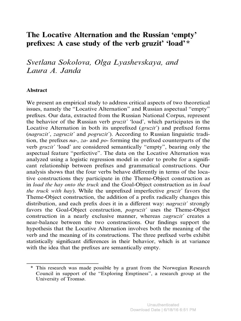 The Locative Alternation and The Russian Empty' Prefixes: A Case Study of The Verb Gruzit' Load ...