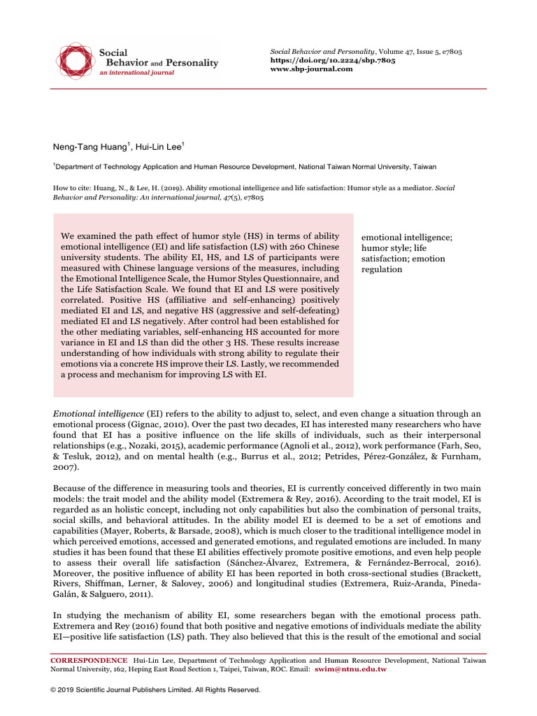 Emotional Intelligence and Life Satisfaction | PDF | Emotional ...