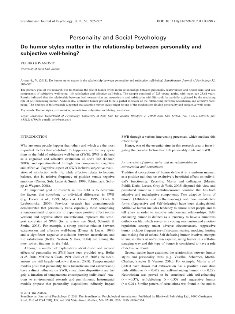 Do Humor Styles Matter in The Relationship Between Personality and ...