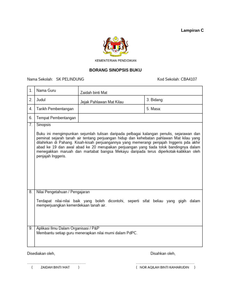 Borang Sinopsis Buku Mat Kilau | PDF