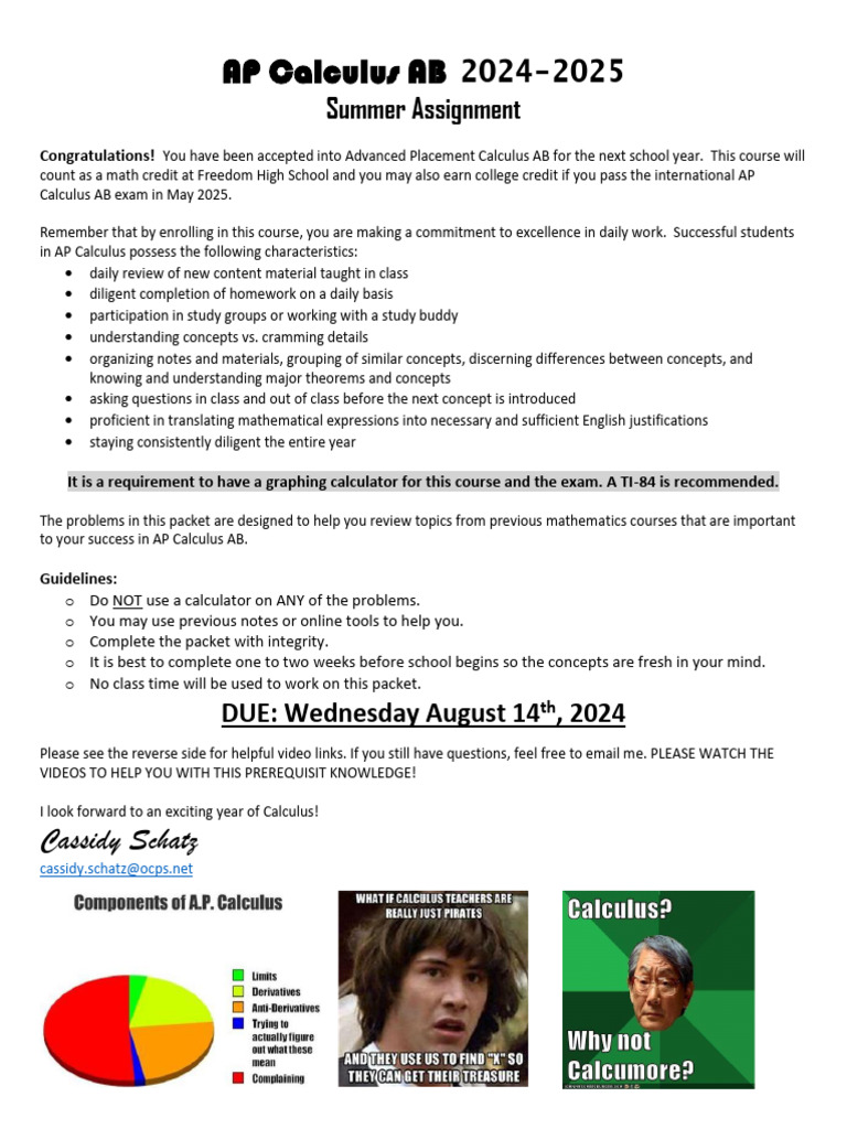 AP Calculus AB Summer Assignment 2024-2025 | PDF | Function ...