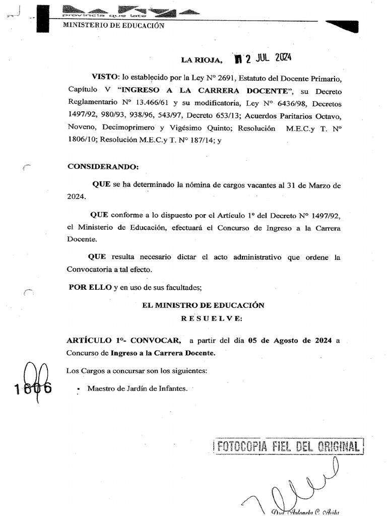 Resol M e 1606 24 Ingreso Nivel Inicial Primario | PDF