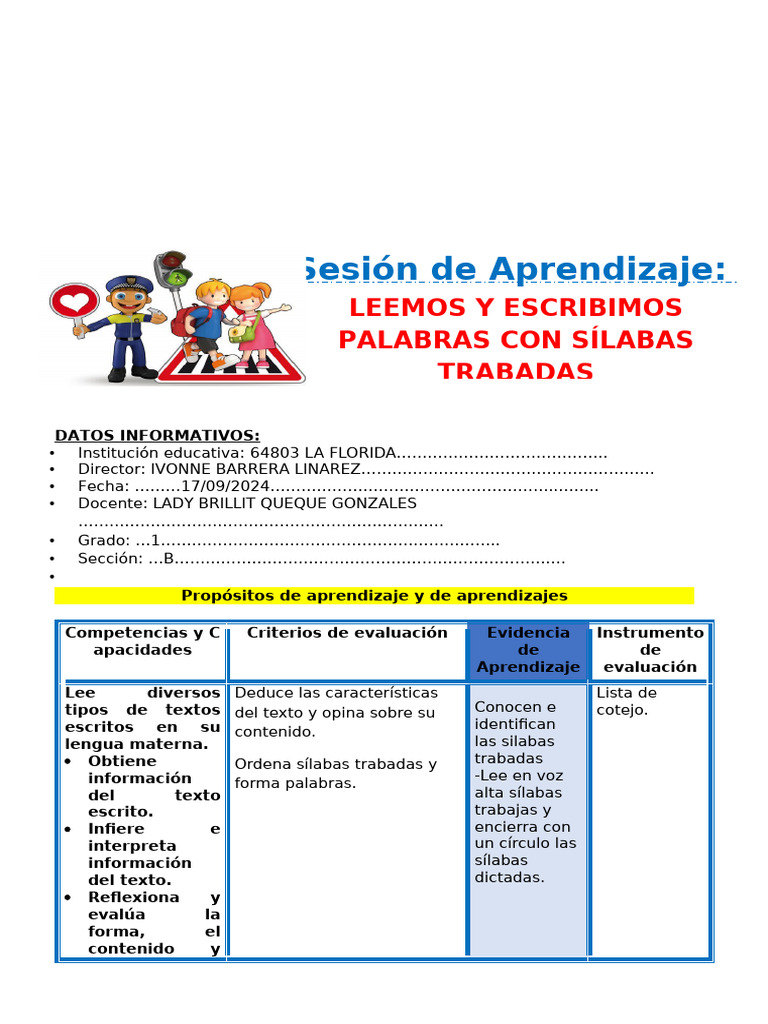 1° Sesión Día 3 Com Leemos y Escribimos Palabras Con Sílabas Trabadas ...