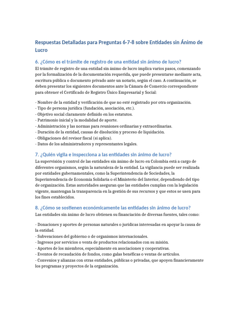 Respuestas Preguntas 6 7 8 Entidades Sin Animo de Lucro | PDF | Finanzas y dinero | Derecho