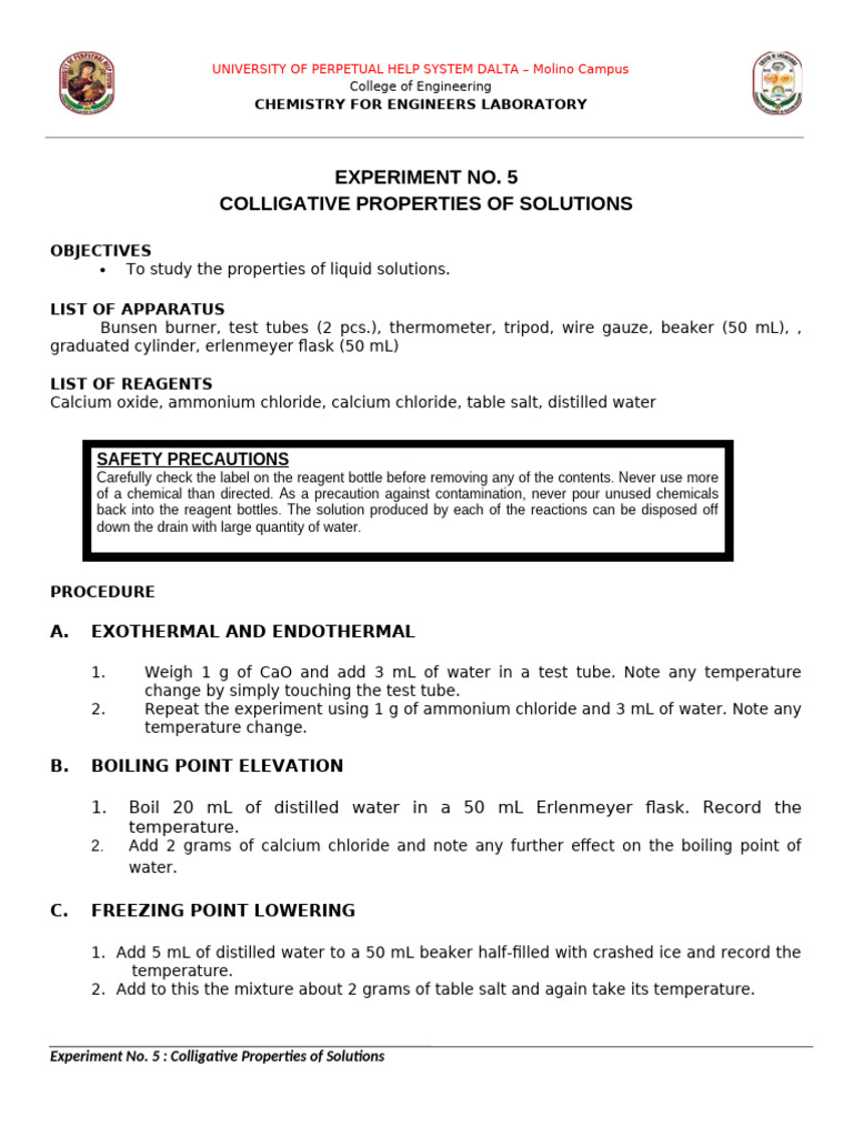 Experiment No. 5 Colligative Properties of Solutions | PDF | Water | Salt (Chemistry)