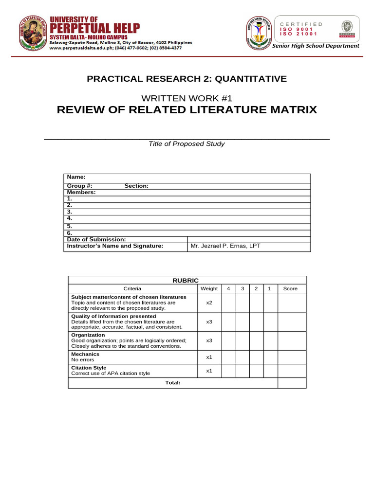 WW1 RRL Matrix 2nd Quarter | PDF | Citation | Apa Style