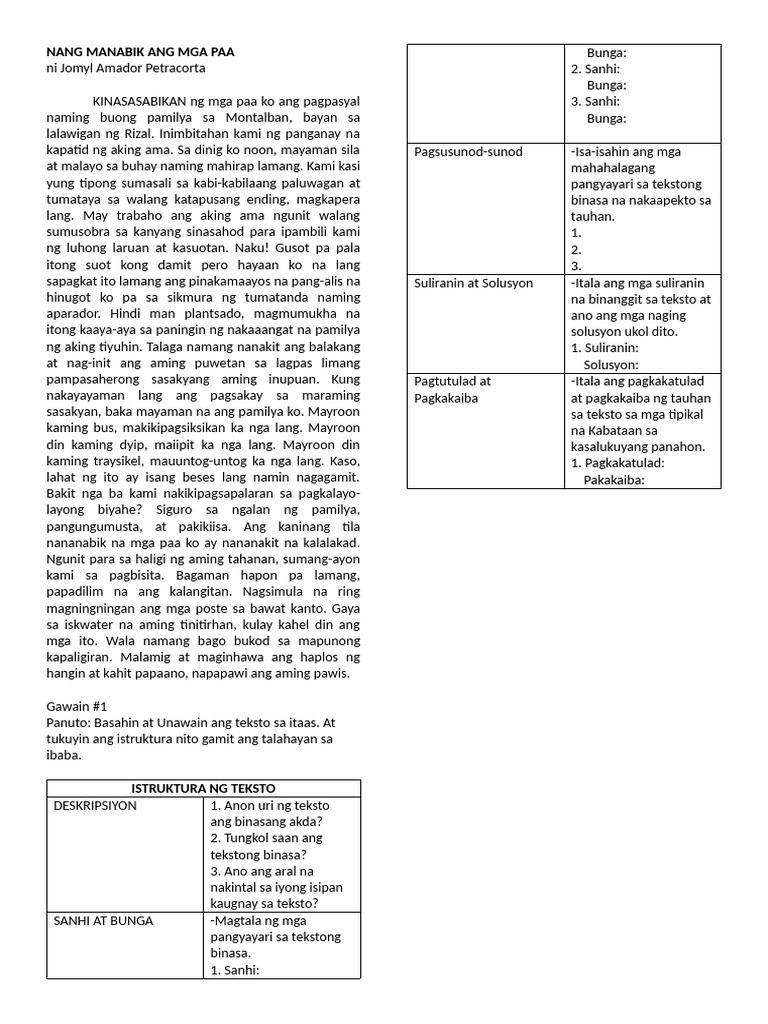 NANG MANABIK ANG MGA PAA - Isturktura NG Teksto Activity | PDF