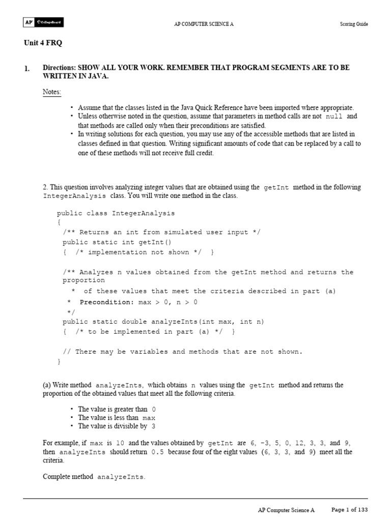 APCSAUnit 4 FRQs | PDF | Method (Computer Programming) | Integer (Computer Science)