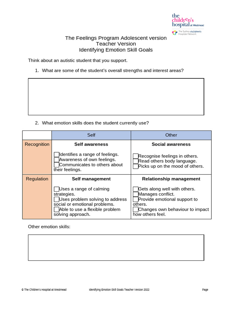 Identifying Emotion Skill Goals Teacher Version 2022 | PDF | Emotions ...