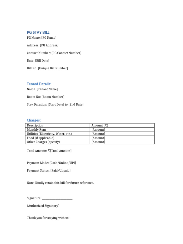 PG Stay Bill Template | PDF