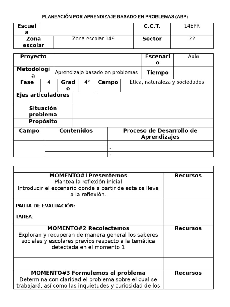 4° ABP Formato de Planeación de La Metodología Aprendizaje Basado en Problemas | PDF ...