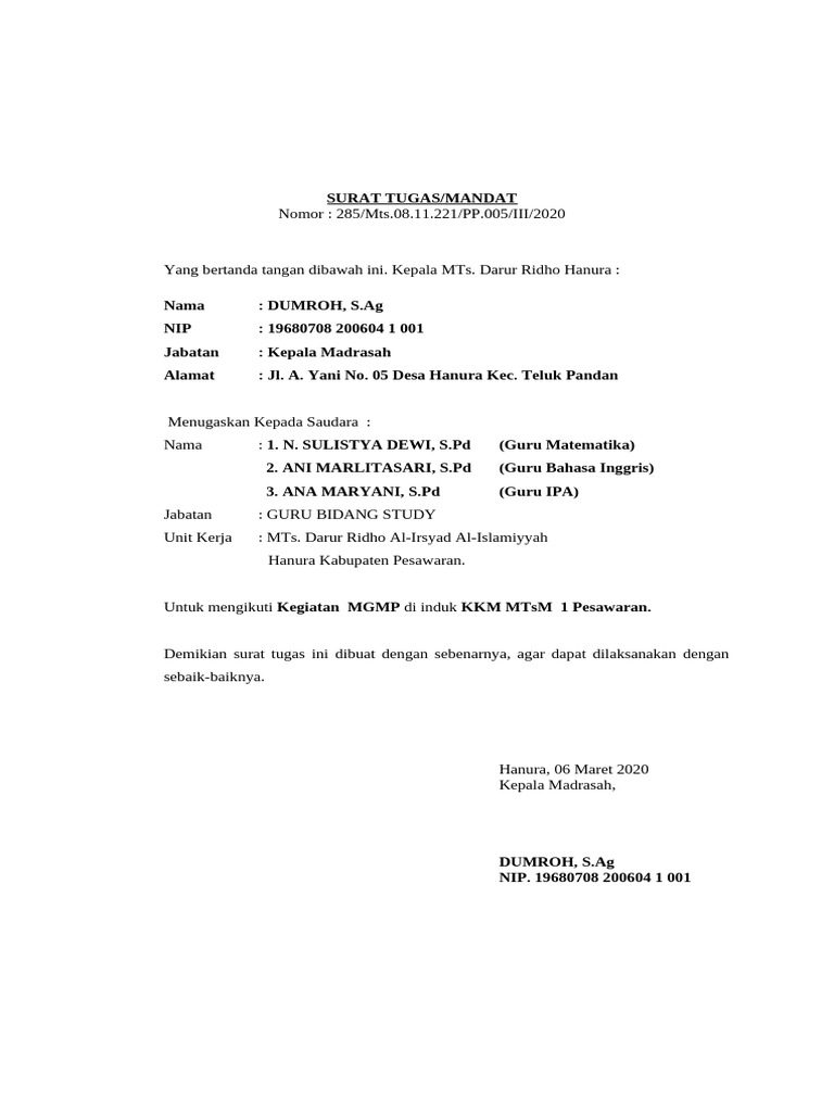 Surat Tugas MGMP dan Workshop Kurikulum | PDF