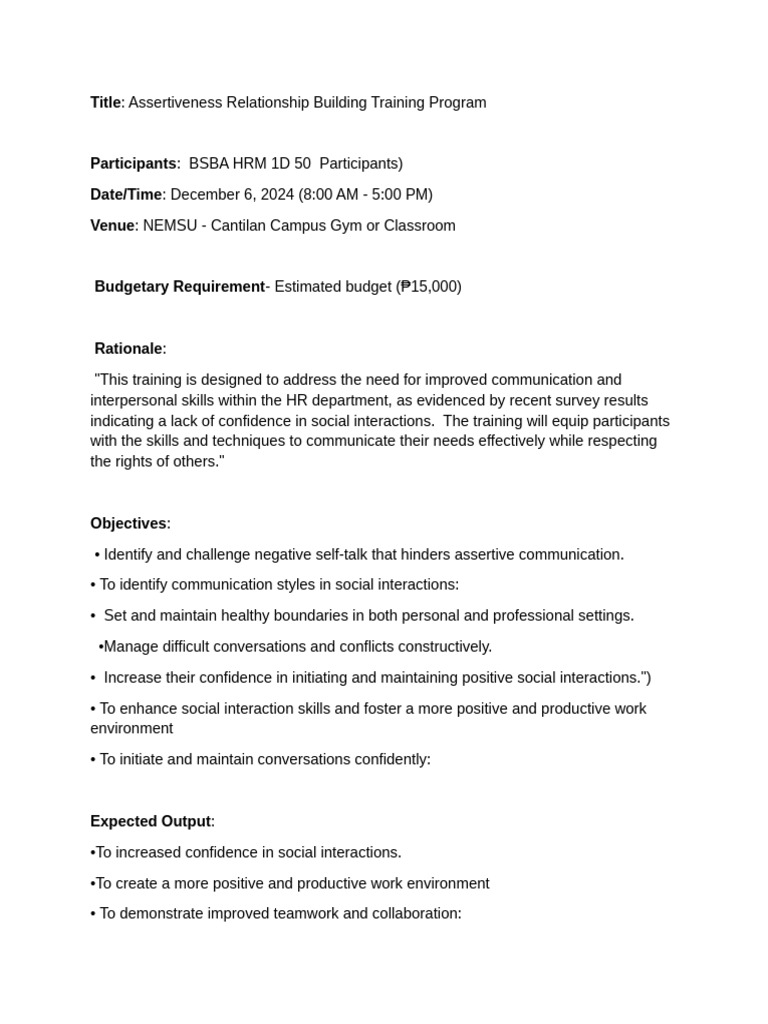 Proposal For Assertiveness Relationship Building Training Program | PDF ...