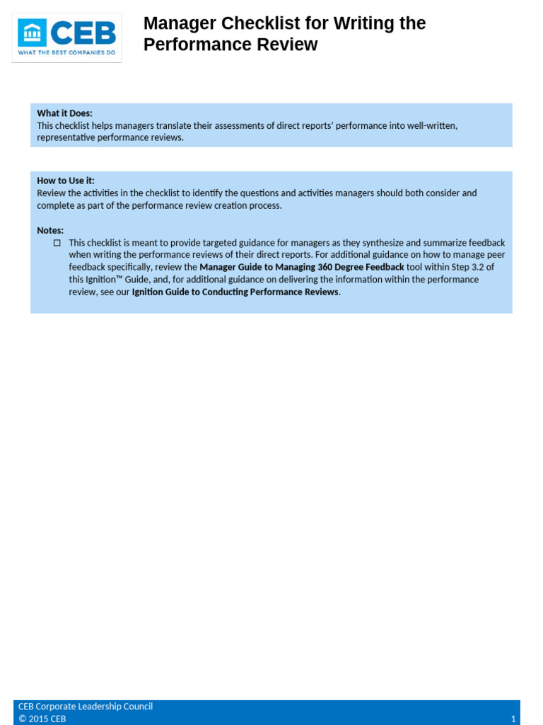 4.2 Manager Checklist For Writing The Performance Review | PDF | Social ...