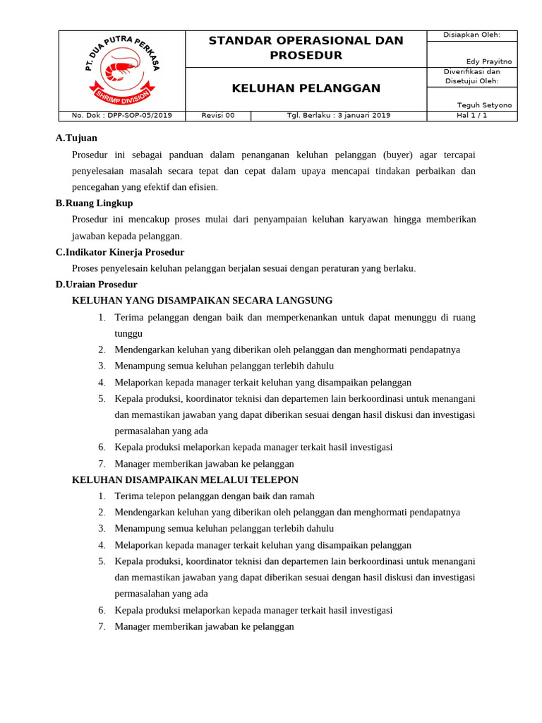 SOP Keluhan Pelanggan (No TTD) | PDF | Bisnis | Pengelolaan Keuangan & Uang
