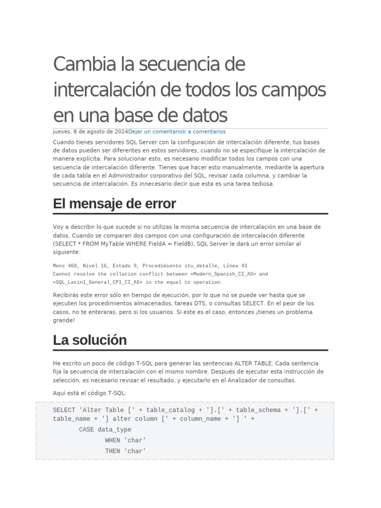 Cambia La Secuencia de Intercalación de Todos Los Campos en Una Base de ...