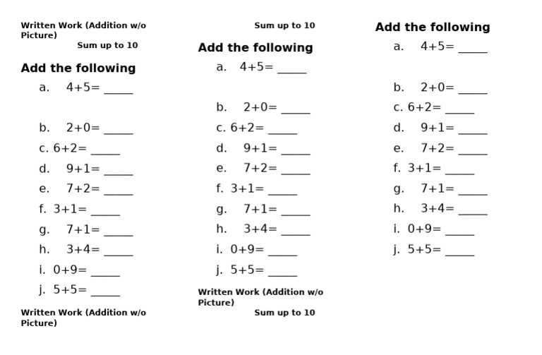 Math Addition Wo Pics Sum Up To 10 | PDF | Teaching Methods & Materials