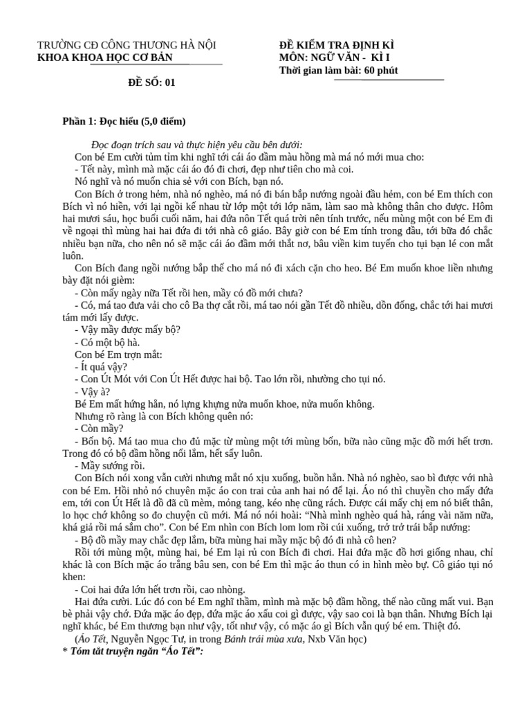 Đề 4- KT ĐK- Văn kì 1 | PDF