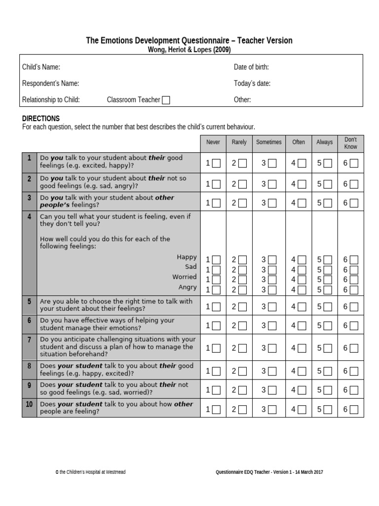 Teacher's Emotions Development Questionnaire | PDF | Feeling | Thought