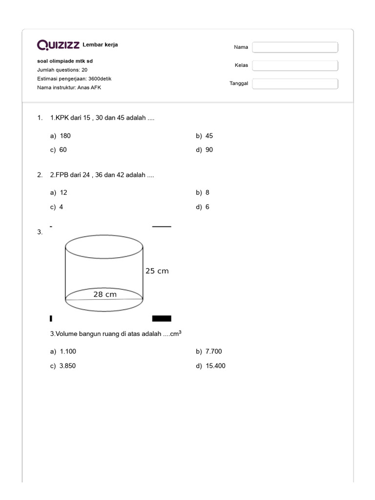 Soal Olimpiade MTK SD - Quizizz | PDF | Metode & Bahan Ajar