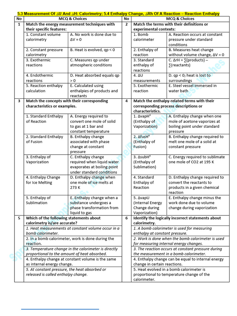 Thermodynamics MCQs: Calorimetry & Enthalpy | PDF | Enthalpy | Heat